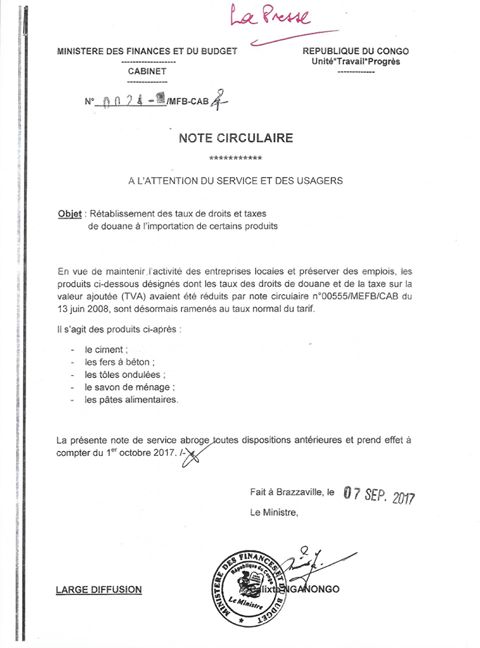Circulaire n°024 rétablissement taux droit de douane et taxes à l ...